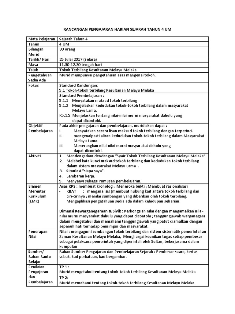 Contoh Rancangan Pengajaran Harian | PDF