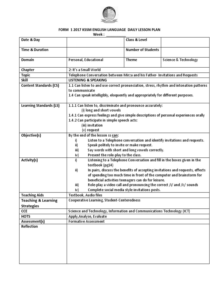 FORM 1 KSSM Daily Lesson Plan Chapter 2: It's A Small World | PDF ...