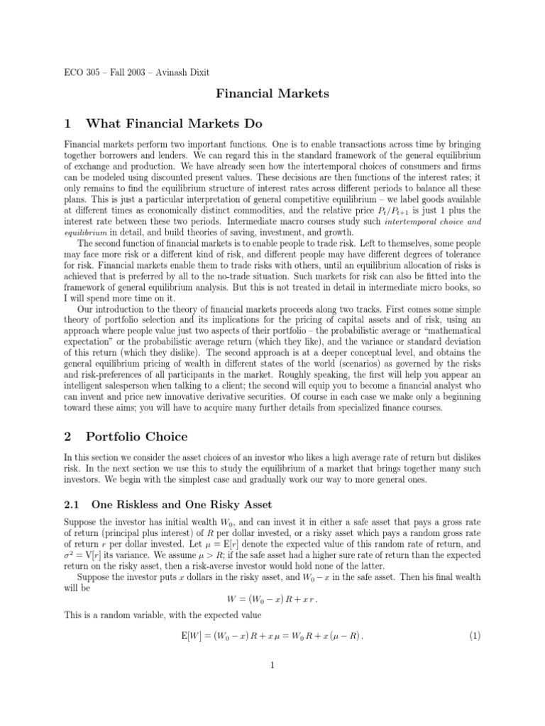 Financial Markets 1 What Financial Markets Do: 2.1 One Riskless and One ...