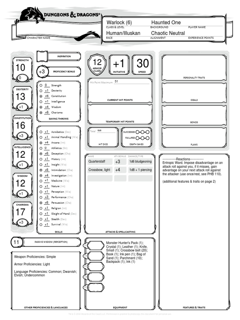 Warlock (6) Haunted One Human/Illuskan Chaotic Neutral: Strength | PDF ...