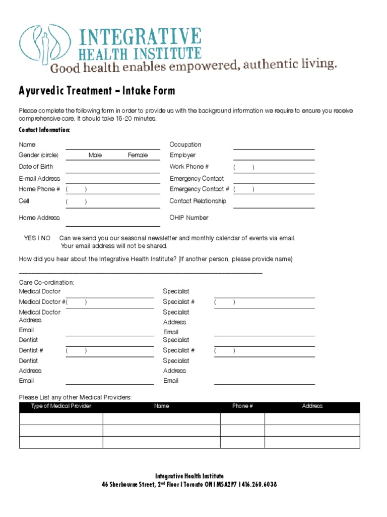 Ayurvedic Treatment - Intake Form: Contact Information | PDF ...