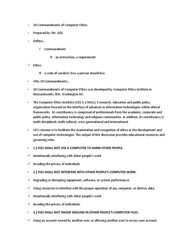 10 Commandments Computer Ethics | PDF | Cyberspace | Communication