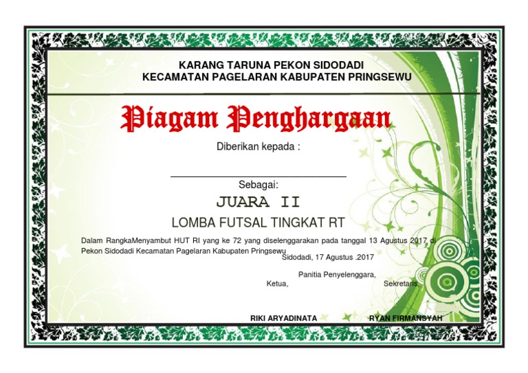 Piagam Juara II Lomba Futsal 2017 | PDF