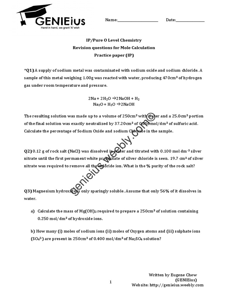 Chemistry Sample Notes: Revision Question For Mole Calculation ...
