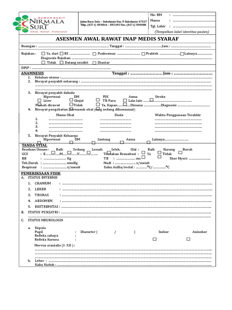 Form Asesmen Awal Rawat Inap Medis Syaraf | PDF