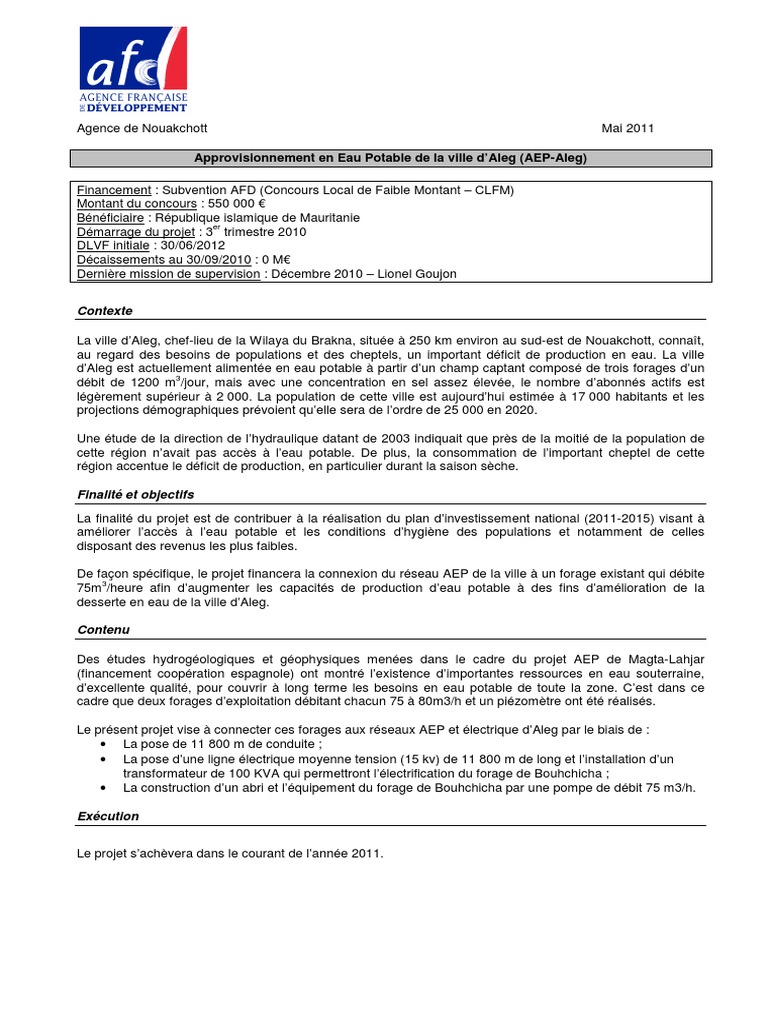 7 Fiche Projet AEP Aleg Mai2011 | PDF | Boire de l'eau | Eau