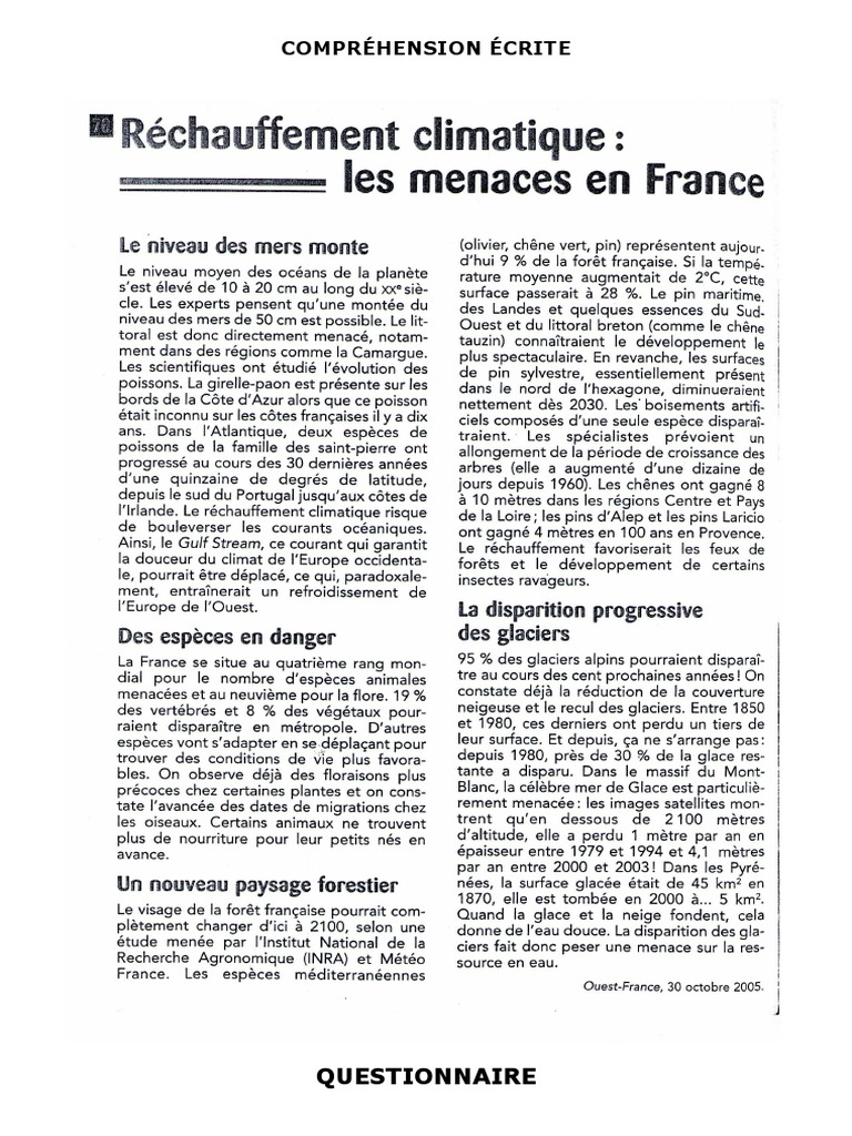 Comprehension Ecrite Rechauffement Climatique | PDF | Réchauffement ...