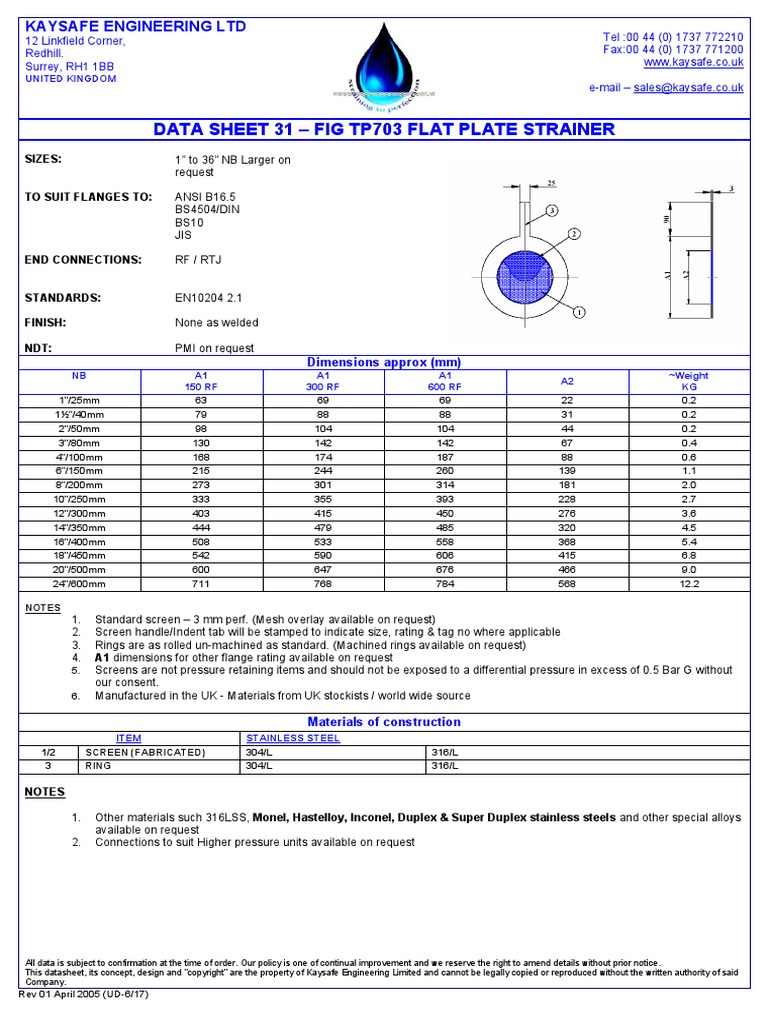 Data Sheet 31 – Fig Tp703 Flat Plate Strainer | Building Materials ...