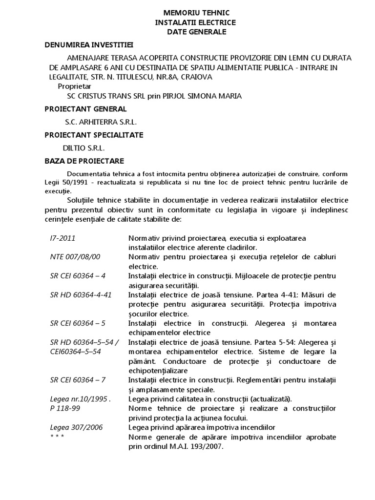 Memoriu Dtac - Electrice Terasa Akr0polis | PDF