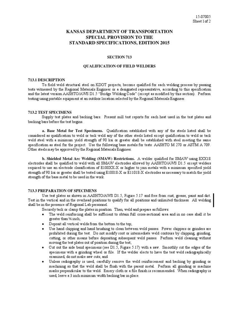 Kansas Department of Transportation Special Provision To The Standard ...