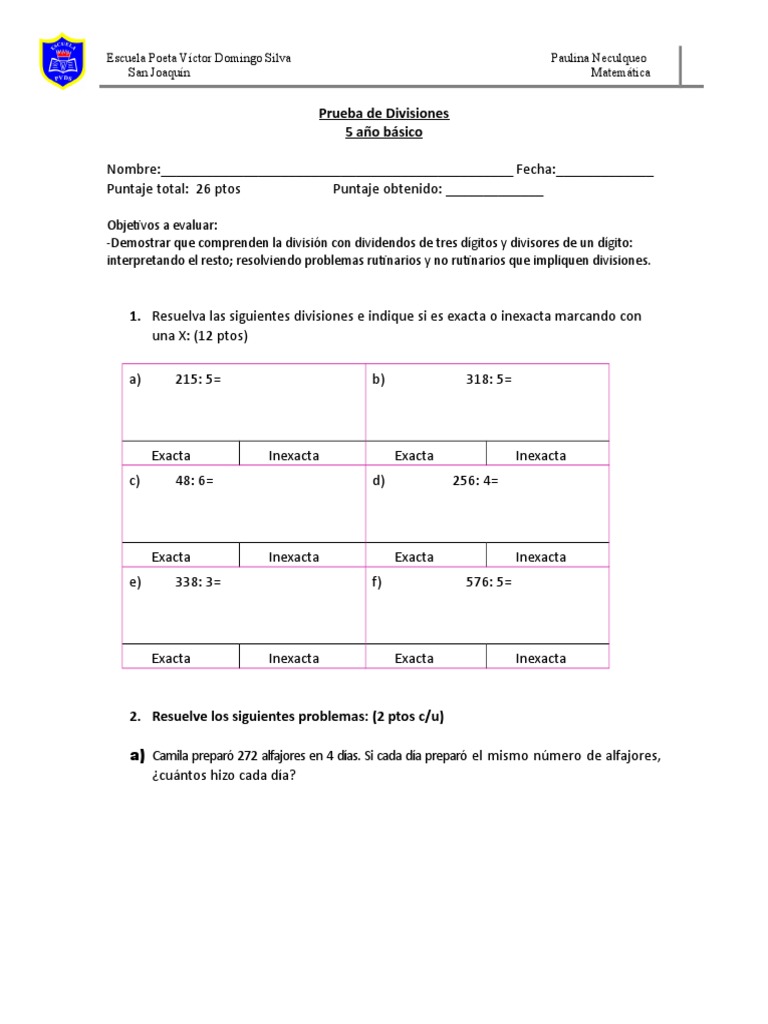 Prueba de Divisiones 5° Básico | PDF