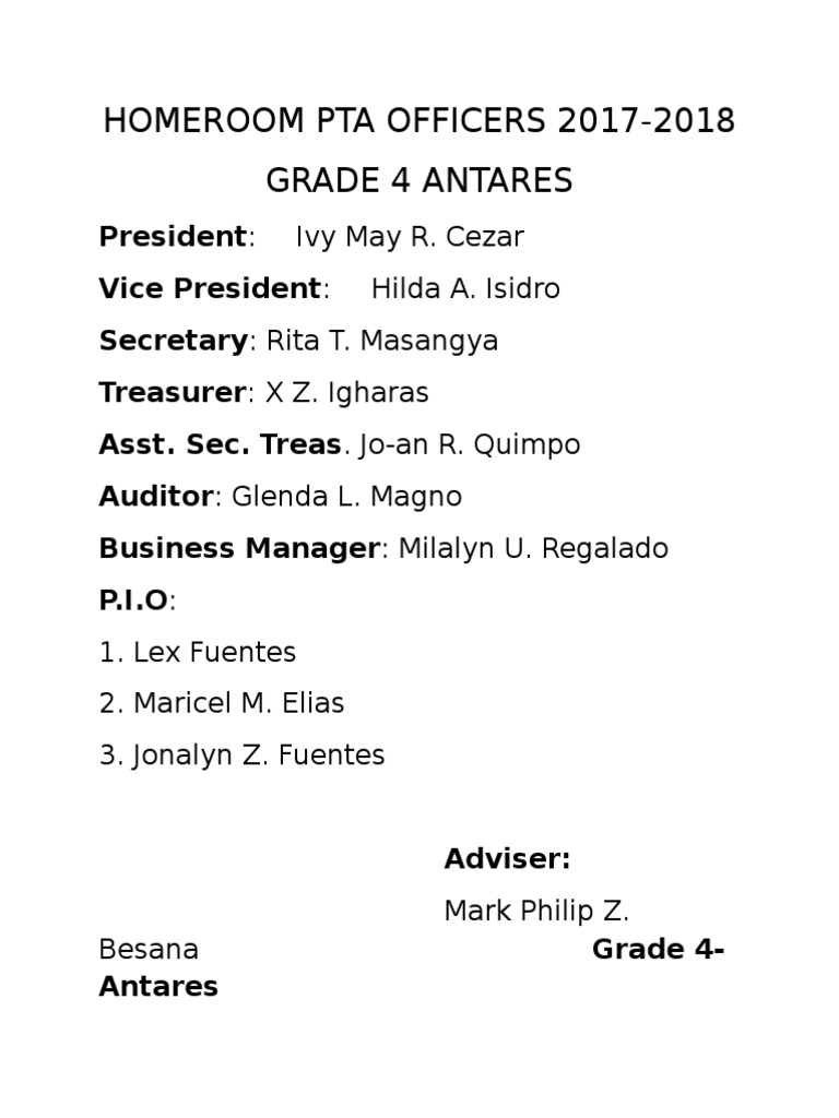 Homeroom Pta Officers 2017 | PDF