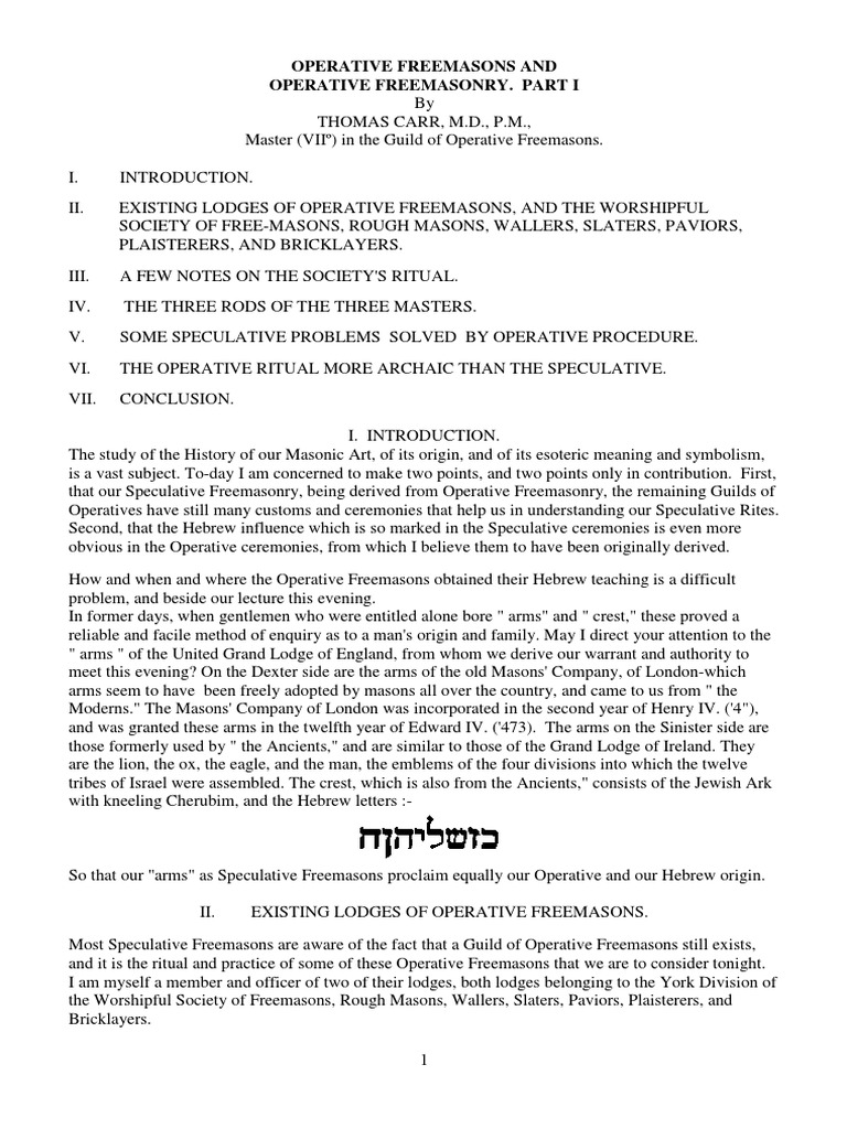 1911 Operatives Freemasons and Operative Freemasonry (Thomas Carr ...
