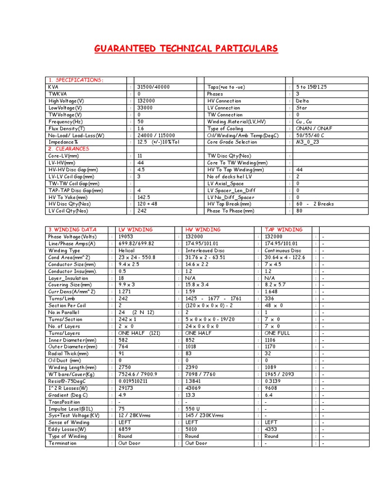 Guaranteed Technical Particulars: 1. Specifications | PDF