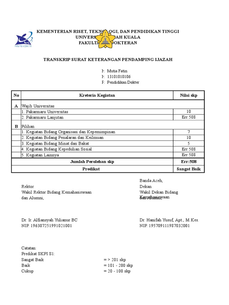 Contoh Transkrip SKPI-FK | PDF