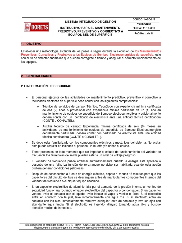In-Sc-014 Instructivo para El Mantenimiento Predictivo, Preventivo y ...