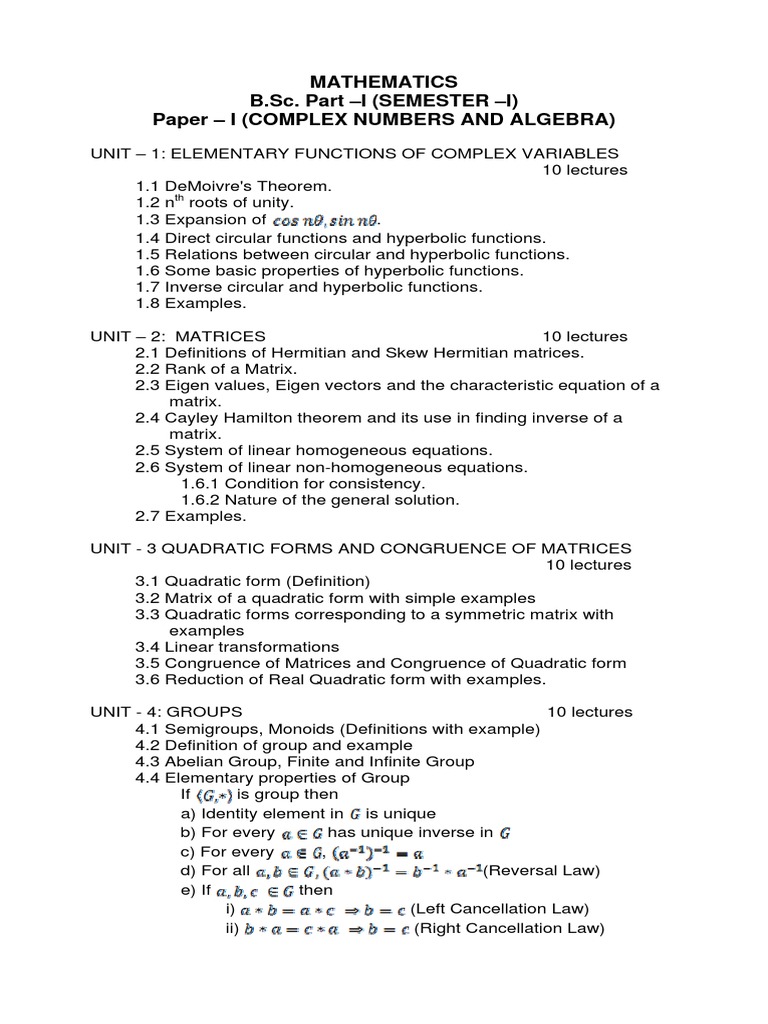 B.Sc. Part I Semester I and II Mathematics Syllabus PDF | PDF | Group ...