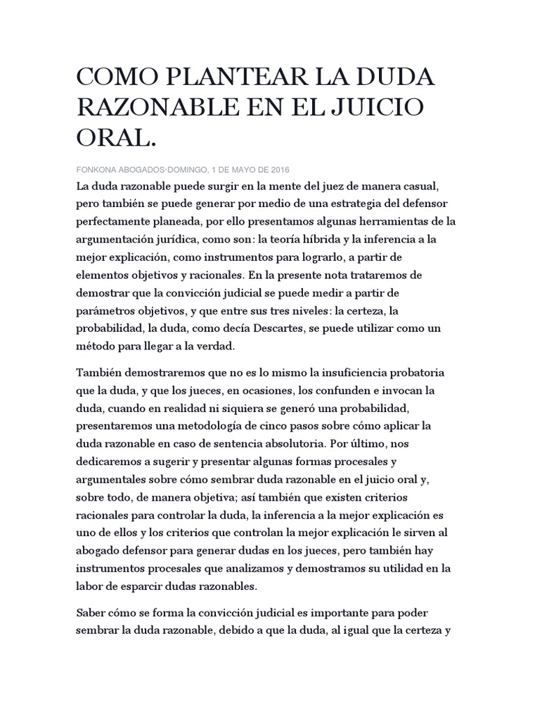 Como Plantear La Duda Razonable en El Juicio Oral | PDF | Evidencia ...