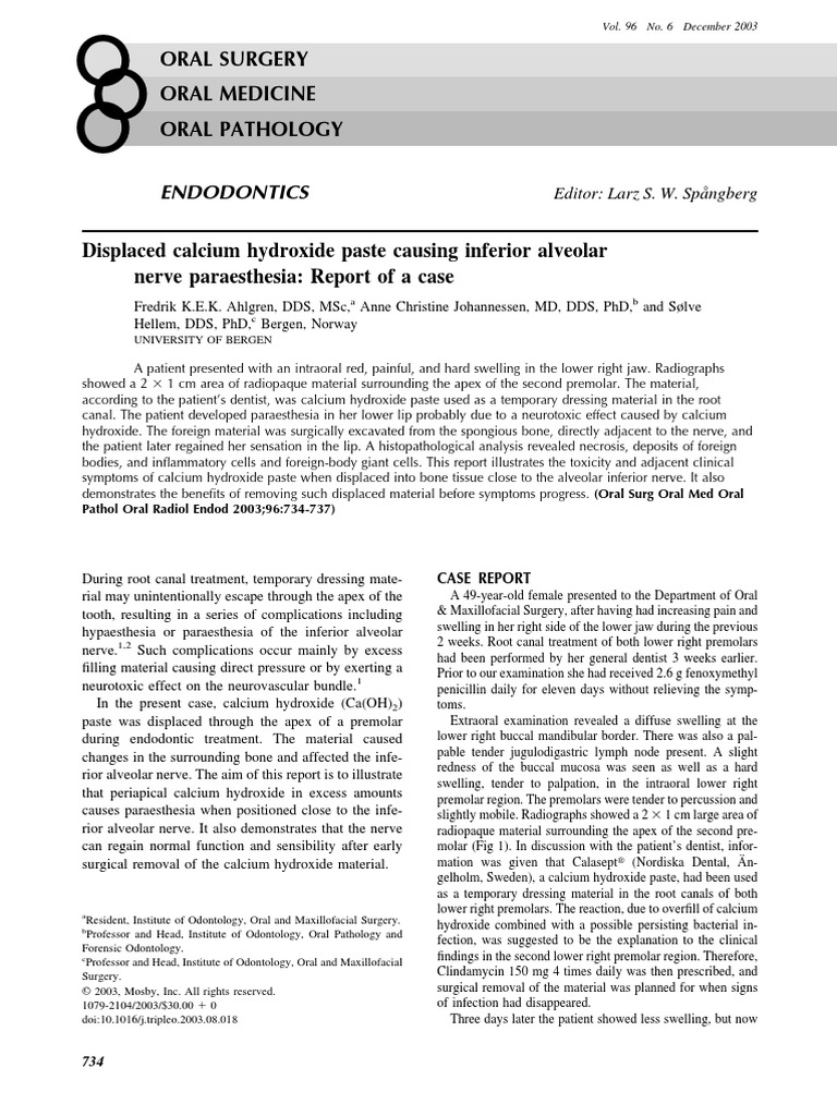 Displaced Calcium Hydroxide Paste Causing Inferior Alveolar Nerve ...