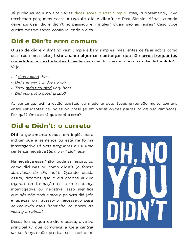 Uso de Did e Didn't no Past Simple | PDF | Língua inglesa | Idiomas
