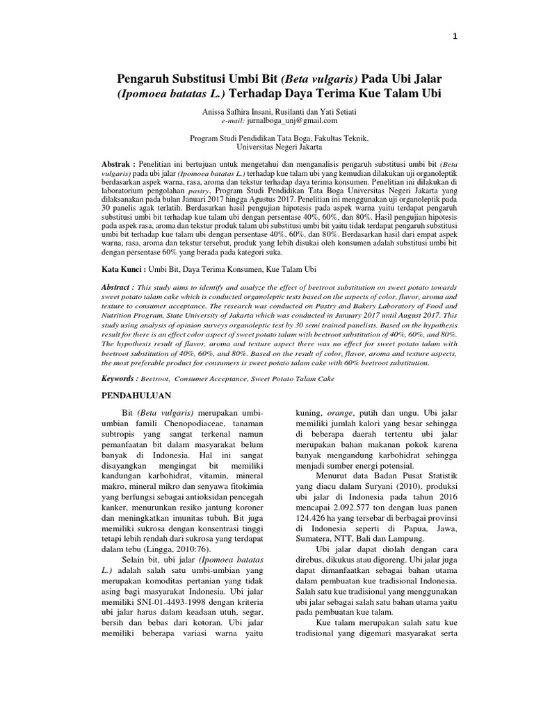 Pengaruh Substitusi Umbi Bit Pada Ubi Jalar Terhadap Daya Terima Kue Talam Ubi | PDF | Teknologi ...