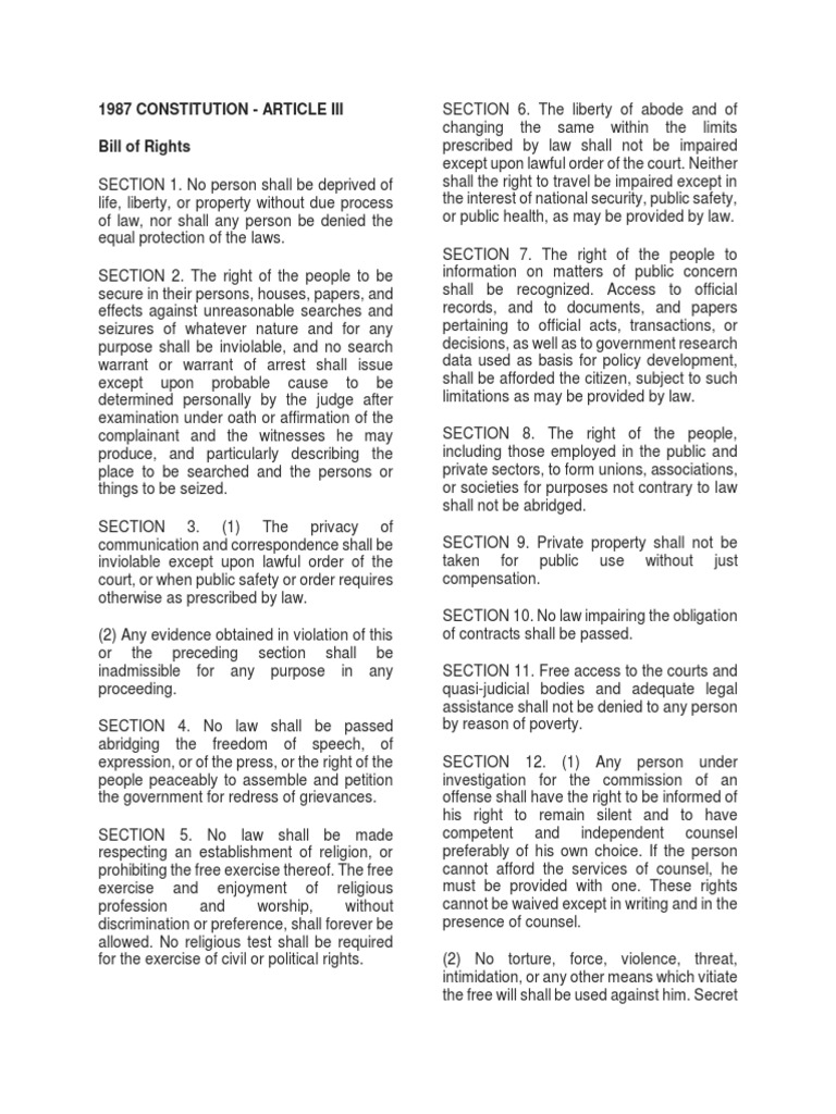 1987 Constitution Article III Overview | PDF | Search And Seizure ...