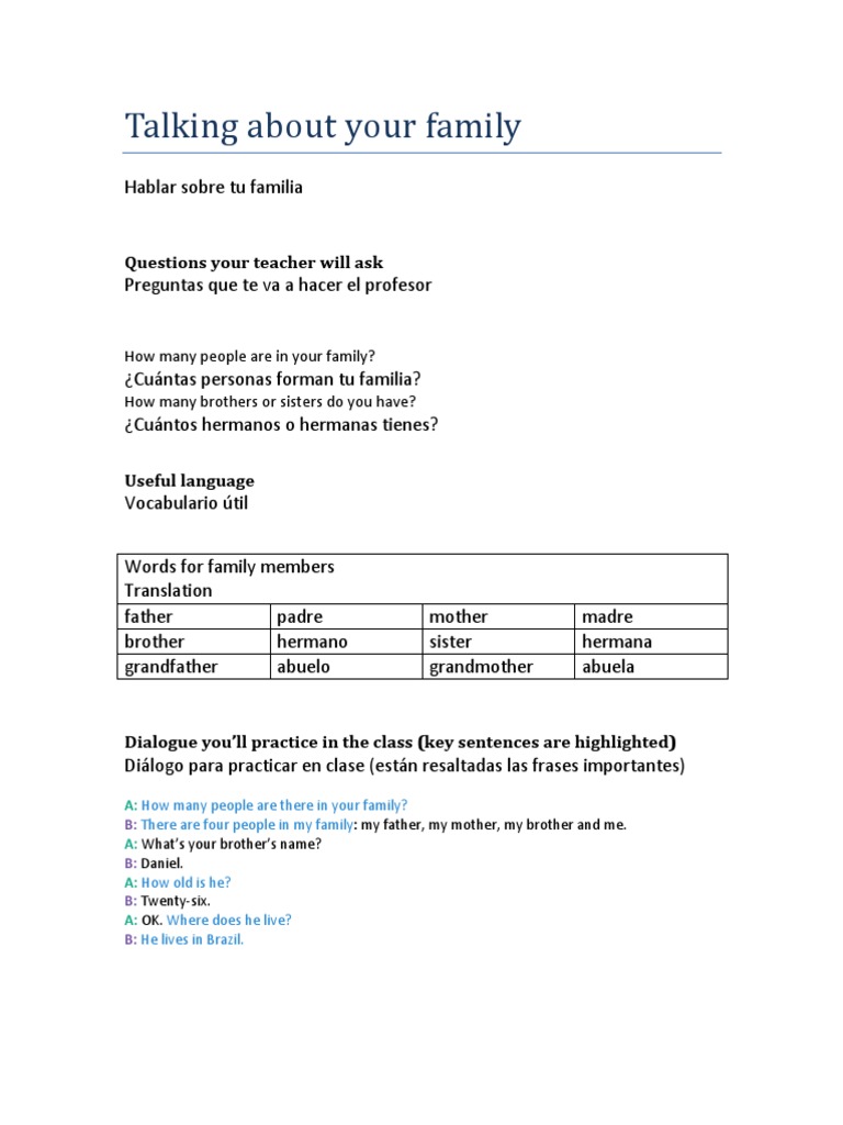Talking About Your Family: Questions Your Teacher Will Ask | PDF