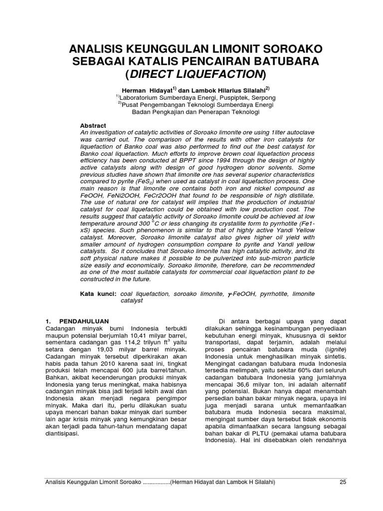 Analisis Keunggulan Limonit Soroako Sebagai Katalis Pencairan Batubara (Direct Liquefaction) | PDF