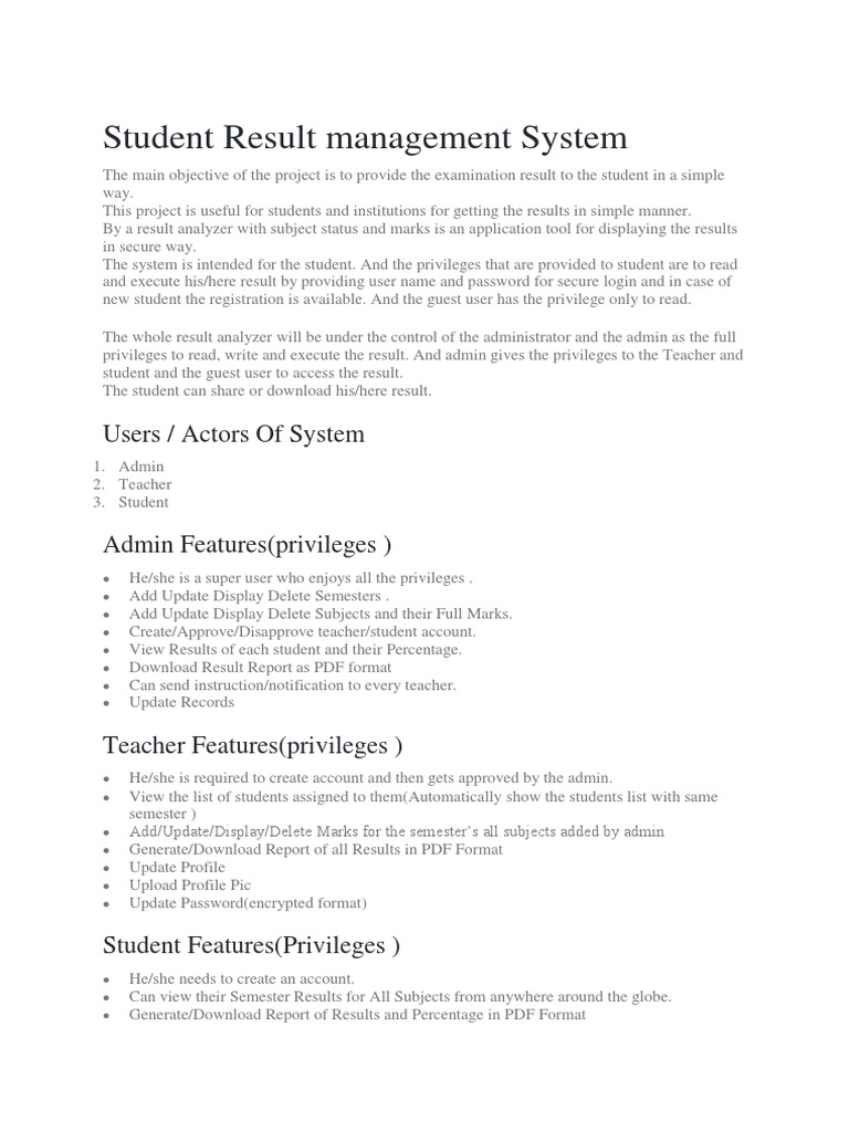 Student Result Management System Overview | PDF | Computers