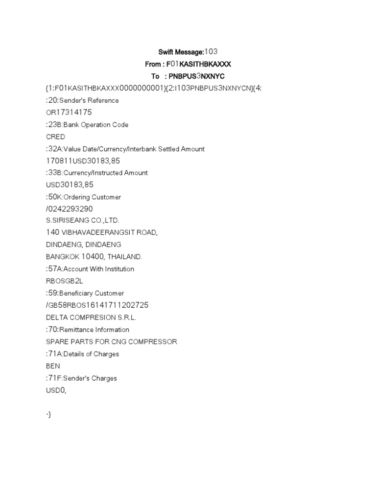 Swift Message Details for Transaction | PDF
