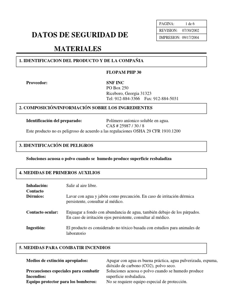 MSDS PHP 30 Floculante | PDF | Agua | Residuos
