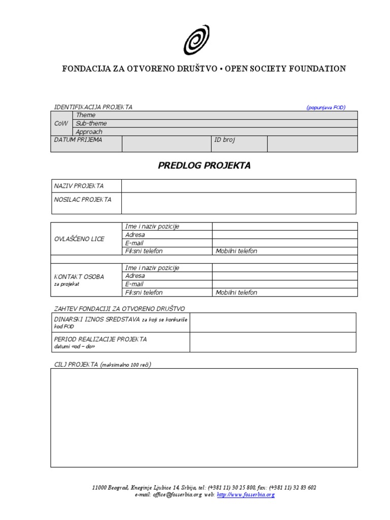 FOD Obrazac Za Predlog Projekta PDF | PDF