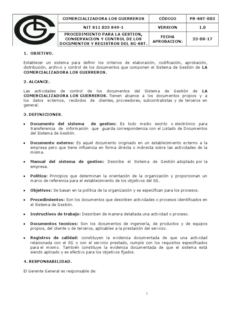 PR-SST-003 Procedimiento para la gestion, conservacion y control de los ...