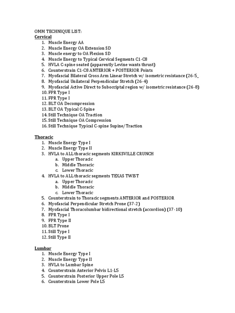 Omm Technique List | Download Free PDF | Vertebral Column | Vertebra