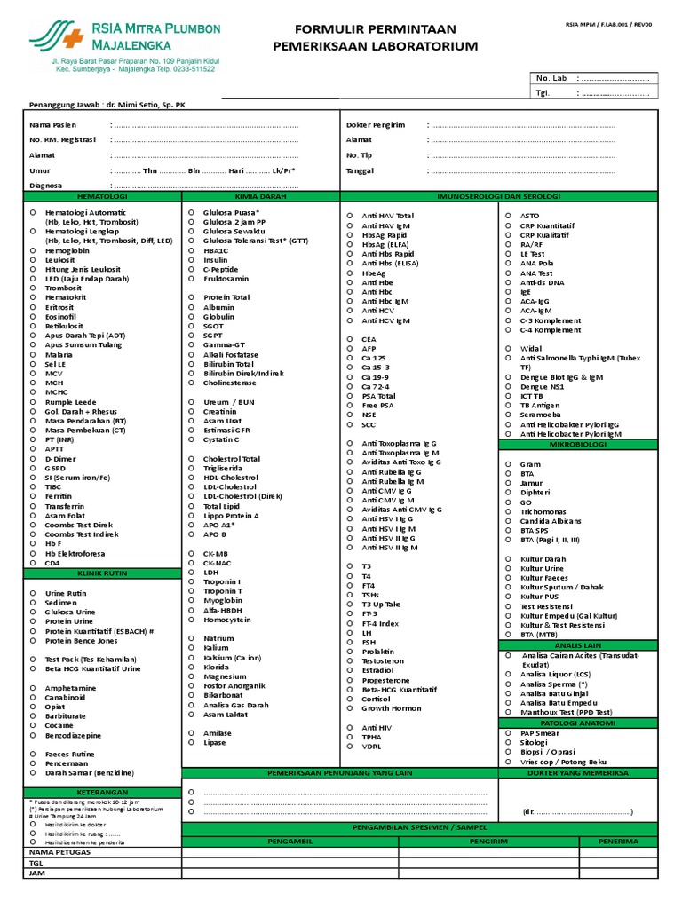 Form Permintaan Pemeriksaan Lab | PDF