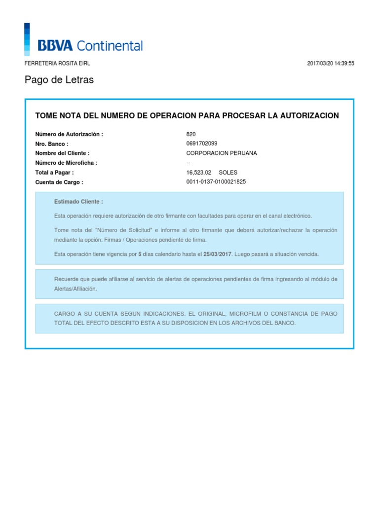 (BBVA) Pago de Letras | PDF