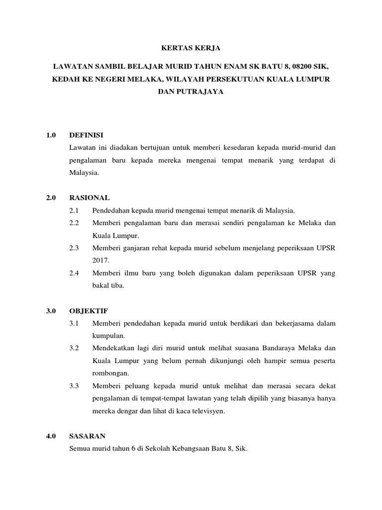 Contoh Kertas Kerja Lawatan Sambil Belajar | PDF