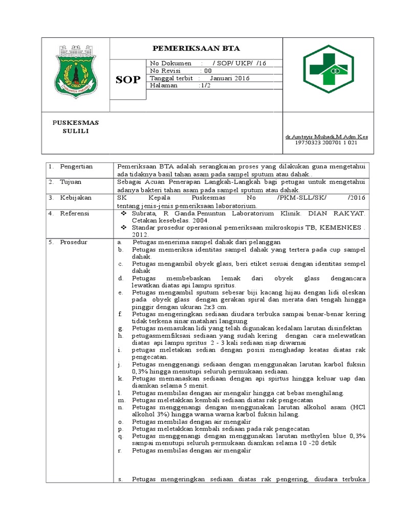 8.1.1.a Sop Pemeriksaan Bta | PDF