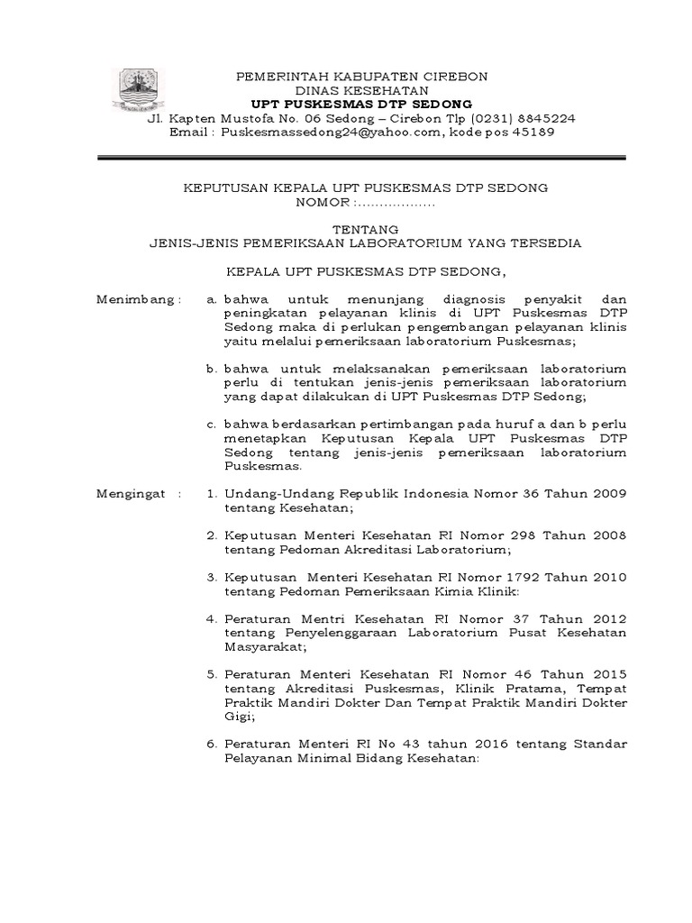 8.1.1.1 SK Jenis-Jenis Pemeriksaan Laboratorium Yang Tersedia | PDF | Kesehatan Holistik