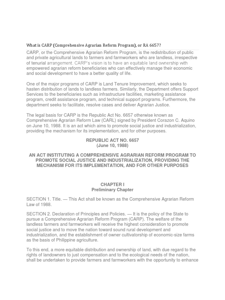 What Is CARP (Comprehensive Agrarian Reform Program), or RA 6657? | PDF ...