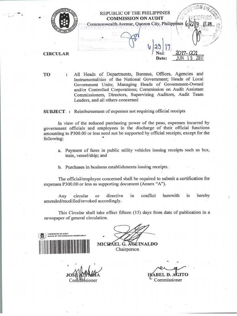 COA Circular No. 2017-001 Dated June 19, 2017 - Reimbursement of Expenses Not Requiring Official ...