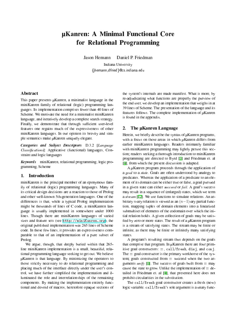 Μkanren: A Minimal Functional Core For Relational Programming | PDF | Scheme (Programming ...