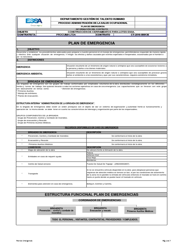 Plan de Emergencia | PDF | Primeros auxilios | Bombero