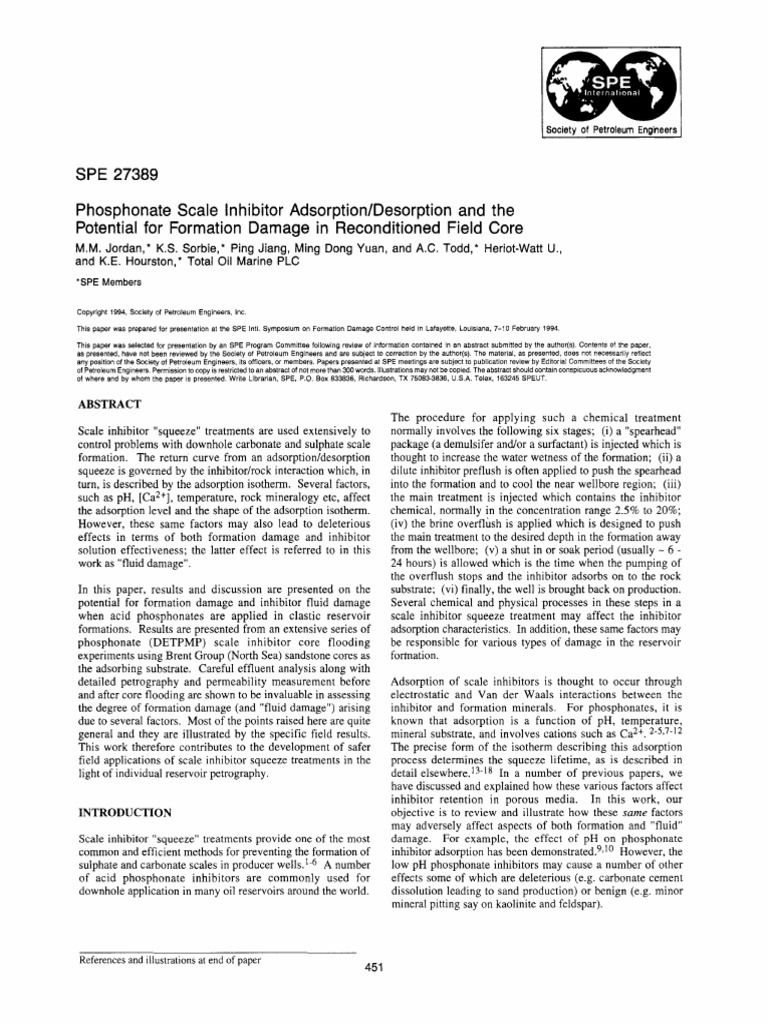Phosphonate Scale Inhibitor Adsorption/Desorption and The Potential For ...