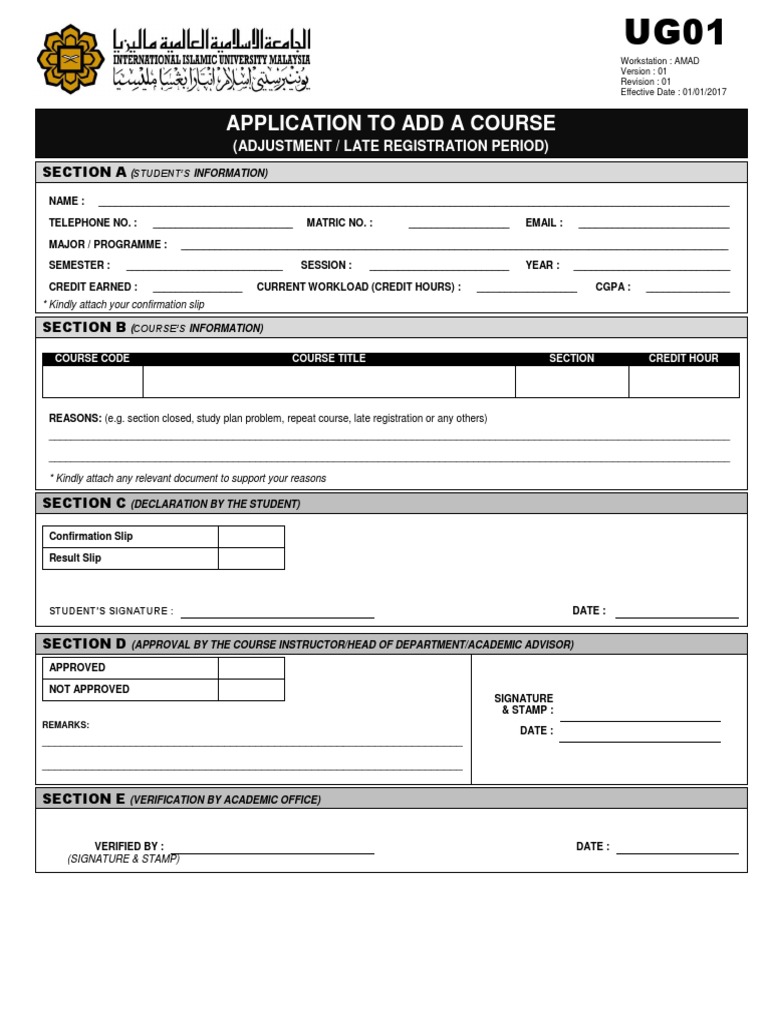 UG 01 Application To Add A Course (Adjustment) | PDF | Course Credit ...