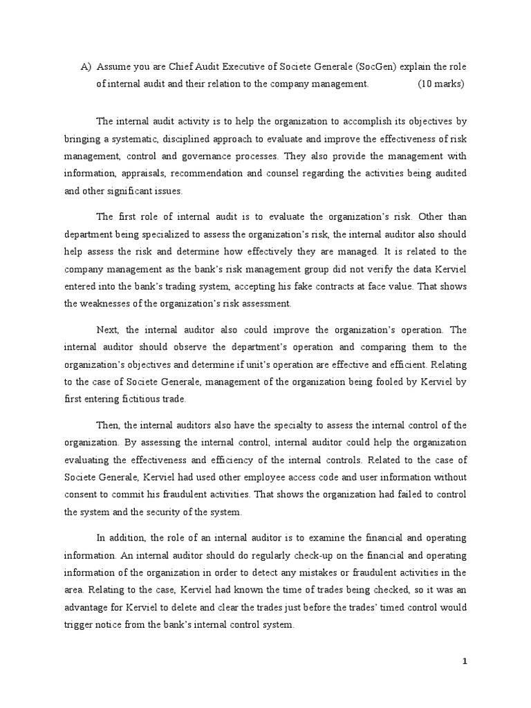 Soc Gen Assignment | PDF | Internal Audit | Internal Control