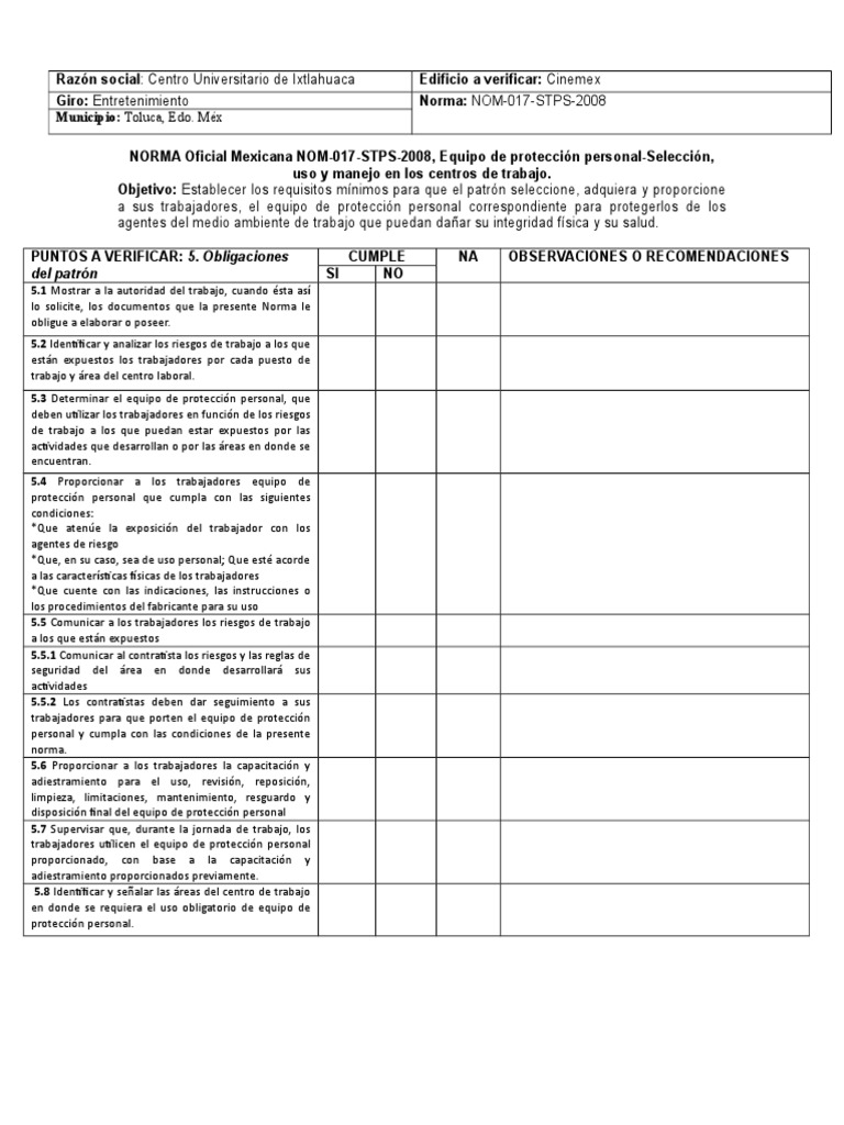 Formato Check List Nom 17 | PDF | Bienestar | Medicina