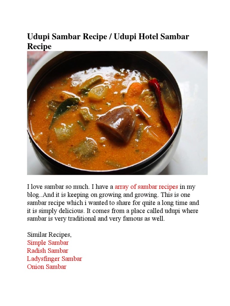 Udupi Sambar | PDF | Curry | South Asian Cuisine