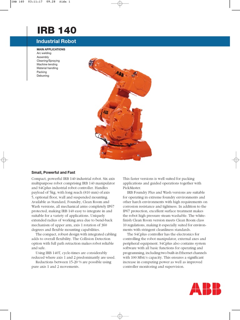 IRB 140 Datasheet PDF | PDF | Robot | Robotics
