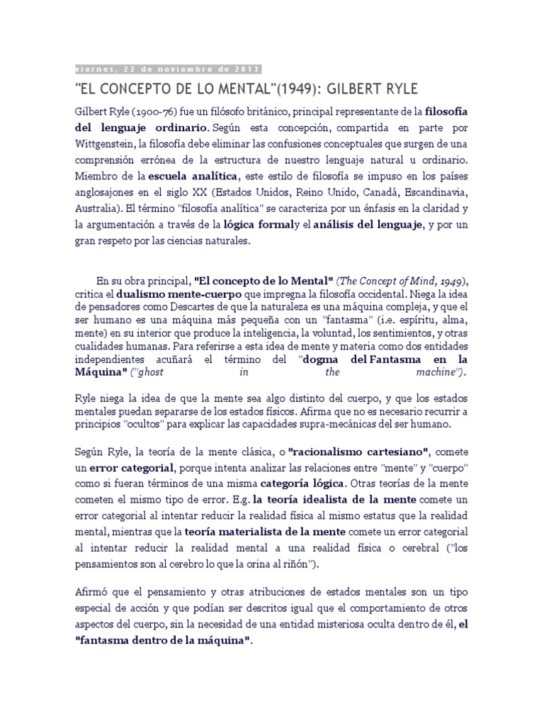 Ryle - El Concepto de Lo Mental | PDF | Filosofía Analítica | Mente